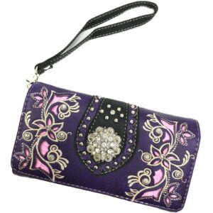 Justin West Rhinestone Concho Western Laser Cut Wristlet Trifold Wallet Attachable Long Strap (Purple)