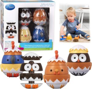 svan stacking & sorting egg toys, mix & match educational hatching farm animal eggs (pack of 4) owl, duck chicken bluejay - fun creative & imaginative, kids hands on building play, xmas gift