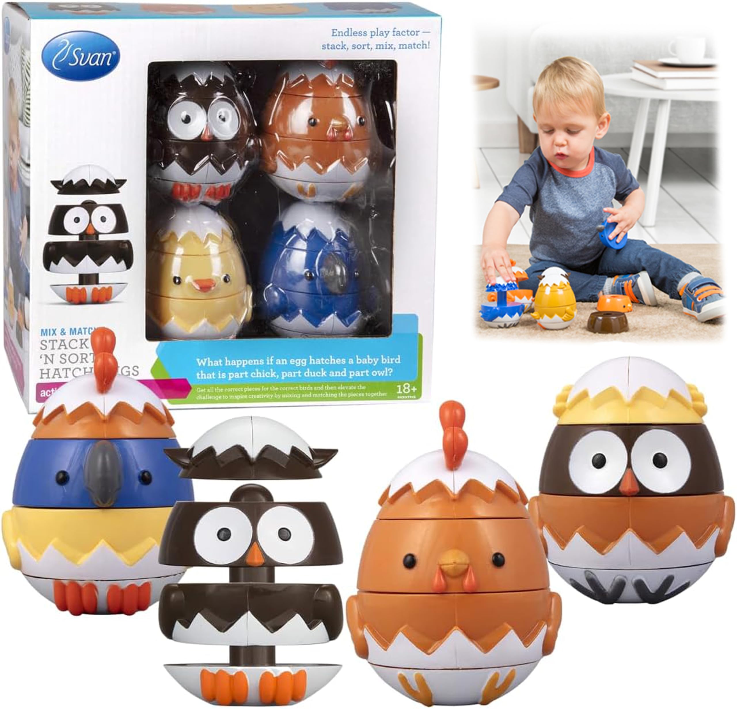 Svan Stacking & Sorting Egg Toys, Mix & Match Educational Hatching Farm Animal Eggs (Pack of 4) Owl, Duck Chicken Bluejay - Fun Creative & Imaginative, Kids Hands On Building Play, Xmas Gift