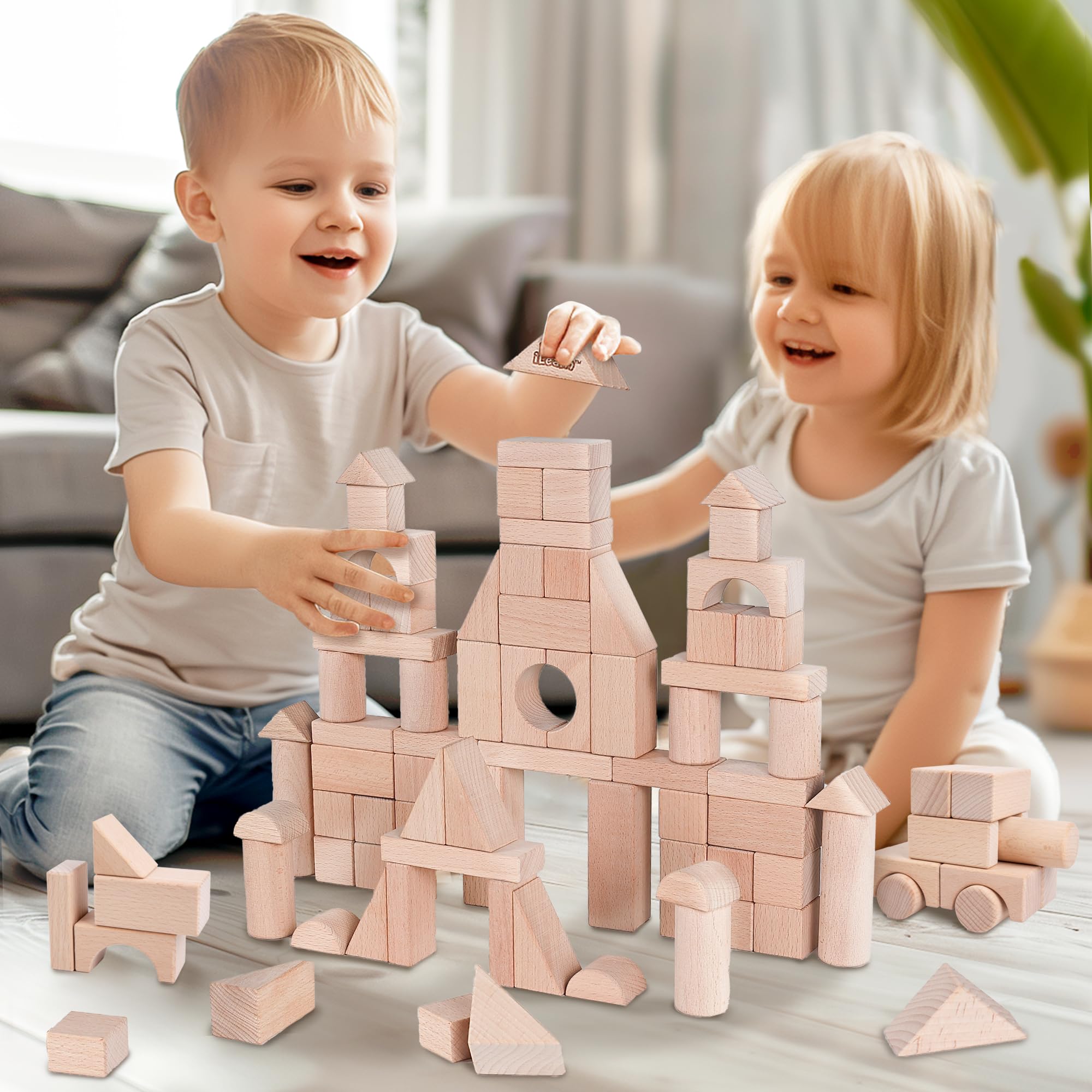 iPlay, iLearn Kid Wooden Building Block Set, Toddler Natural Wood Block Montessori Learning Toy, Large Hardwood Stacking Brick Castle Unit, Preschool Classroom Gift 2 3 4 5 6 8 Year Old Boy Girl Child