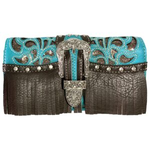 justin west western rhinestone concho leather fringe gleaming laser cut design chain shoulder back conceal carry handbag purse (turquoise wallet)