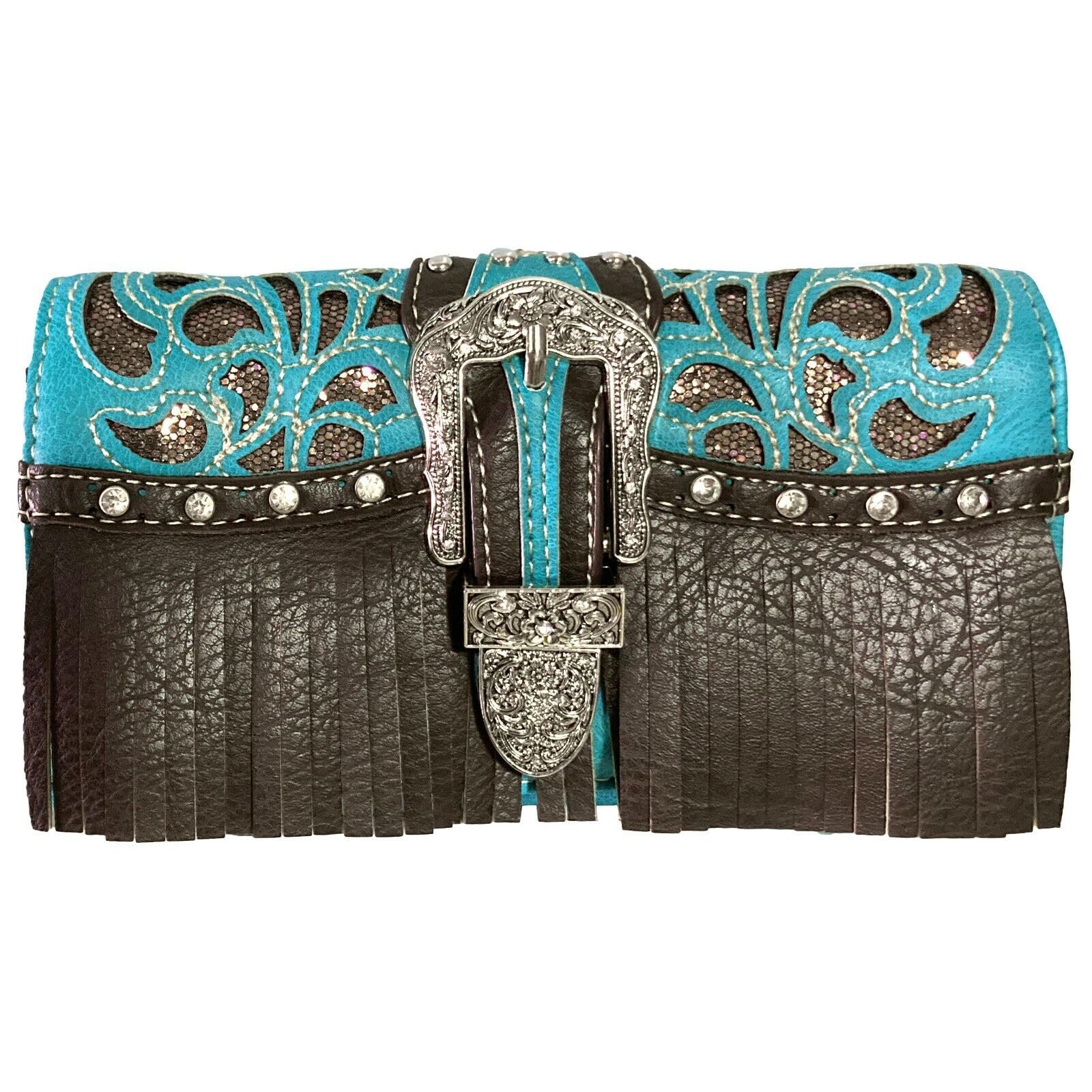 Justin West Western Rhinestone Concho Leather Fringe Gleaming Laser Cut Design Chain Shoulder Back Conceal Carry Handbag Purse (Turquoise Wallet)