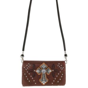 Justin West Laser Cut Rhinestone Cross Design Studded Tooled Wristlet Trifold Wallet Attachable Long Strap (Brown)