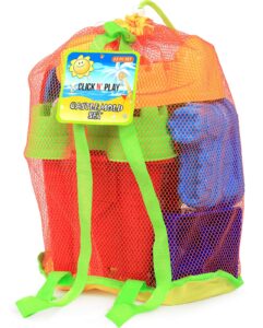 click n' play toddler beach toys for kids 3-10 - 13 piece sand toys including sand bucket, watering can, rake, shovel, 9 sand molds, and mesh beach toy bag - beach sandbox toys for toddlers & kids