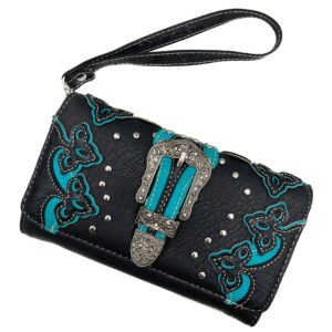 Justin West Western Studded Rhinestone Buckle Laser Cut Wristlet Trifold Wallet Attachable Long Strap (Black Turquoise)