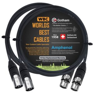 2 units - 3 foot - gotham gac-4/1 (black) - star quad, dual shielded balanced male to female microphone cables with amphenol ax3m & ax3f silver xlr connectors - custom made by worlds best cables