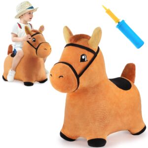 iplay, ilearn bouncy pals brown hopping horse, toddler plush animal hopper toy, kids inflatable ride on bouncer w/pump, indoor outdoor jumper, birthday stocking gift 18 24 months 2 3 year old boy girl