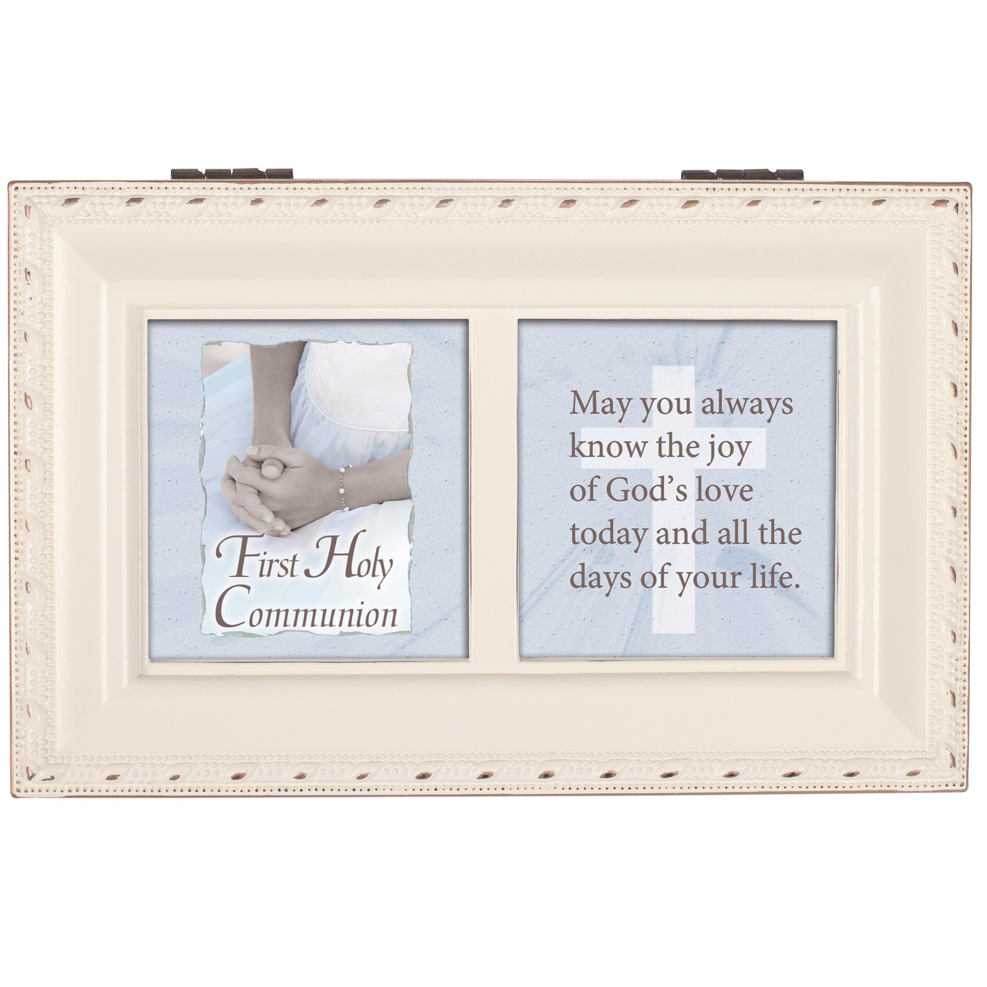 Cottage Garden First Communion Know The Joy Ivory Rope Trim Petite Jewelry Music Box Plays Jesus Loves Me