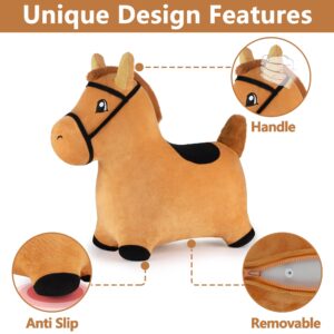 iPlay, iLearn Bouncy Pals Brown Hopping Horse, Toddler Plush Animal Hopper Toy, Kids Inflatable Ride on Bouncer W/Pump, Indoor Outdoor Jumper, Birthday Stocking Gift 18 24 Months 2 3 Year Old Boy Girl