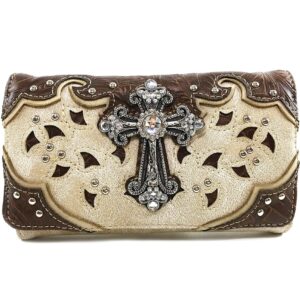 justin west laser cut rhinestone cross studded cross shape design wristlet trifold wallet attachable long strap (beige)