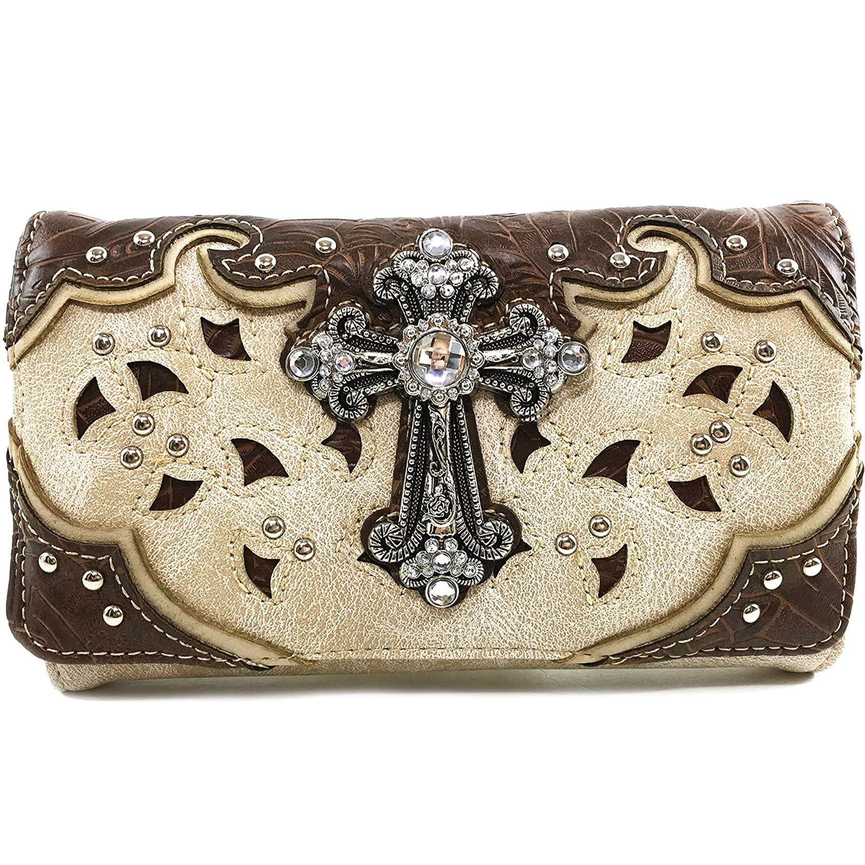 Justin West Laser Cut Rhinestone Cross Studded Cross Shape Design Wristlet Trifold Wallet Attachable Long Strap (Beige)