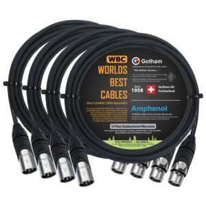 worlds best cables 4 units - 8 foot - gotham gac-4/1 (black) - star quad, dual shielded balanced male to female microphone cables with amphenol ax3m & ax3f silver xlr connectors - custom made