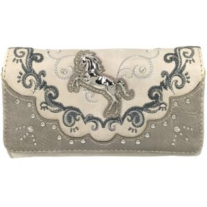 justin west western spirit wild horse running weaving floral embroidery tooled wristlet trifold wallet attachable long strap (brown)