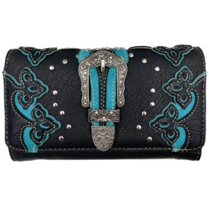 justin west western studded rhinestone buckle laser cut wristlet trifold wallet attachable long strap (black turquoise)