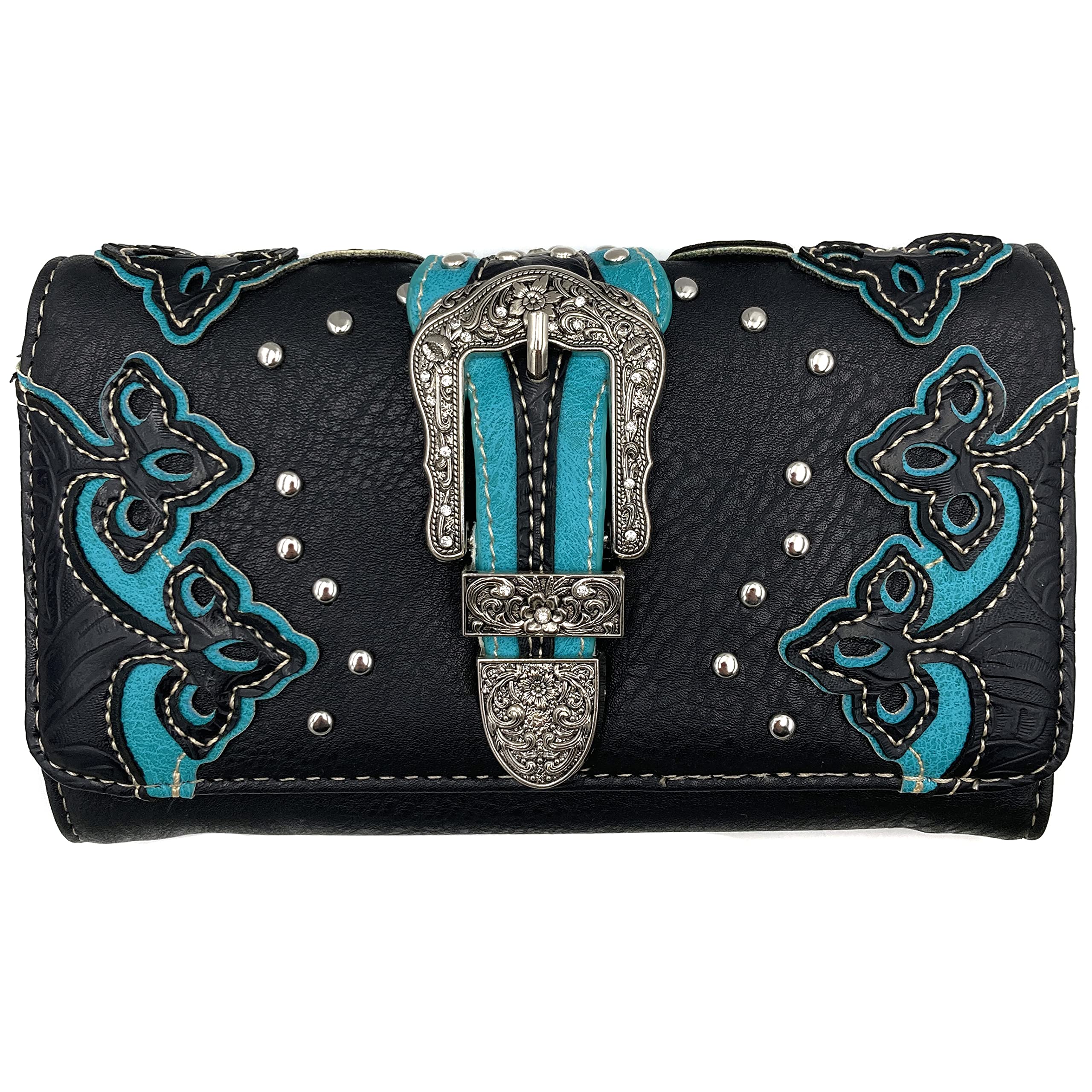 Justin West Western Studded Rhinestone Buckle Laser Cut Wristlet Trifold Wallet Attachable Long Strap (Black Turquoise)