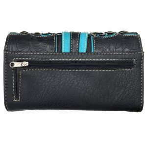 Justin West Western Studded Rhinestone Buckle Laser Cut Wristlet Trifold Wallet Attachable Long Strap (Black Turquoise)