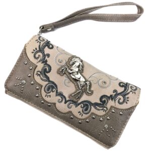 Justin West Western Spirit Wild Horse Running Weaving Floral Embroidery Tooled Wristlet Trifold Wallet Attachable Long Strap (Brown)