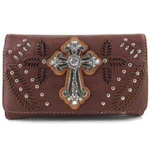 justin west laser cut rhinestone cross design studded tooled wristlet trifold wallet attachable long strap (brown)