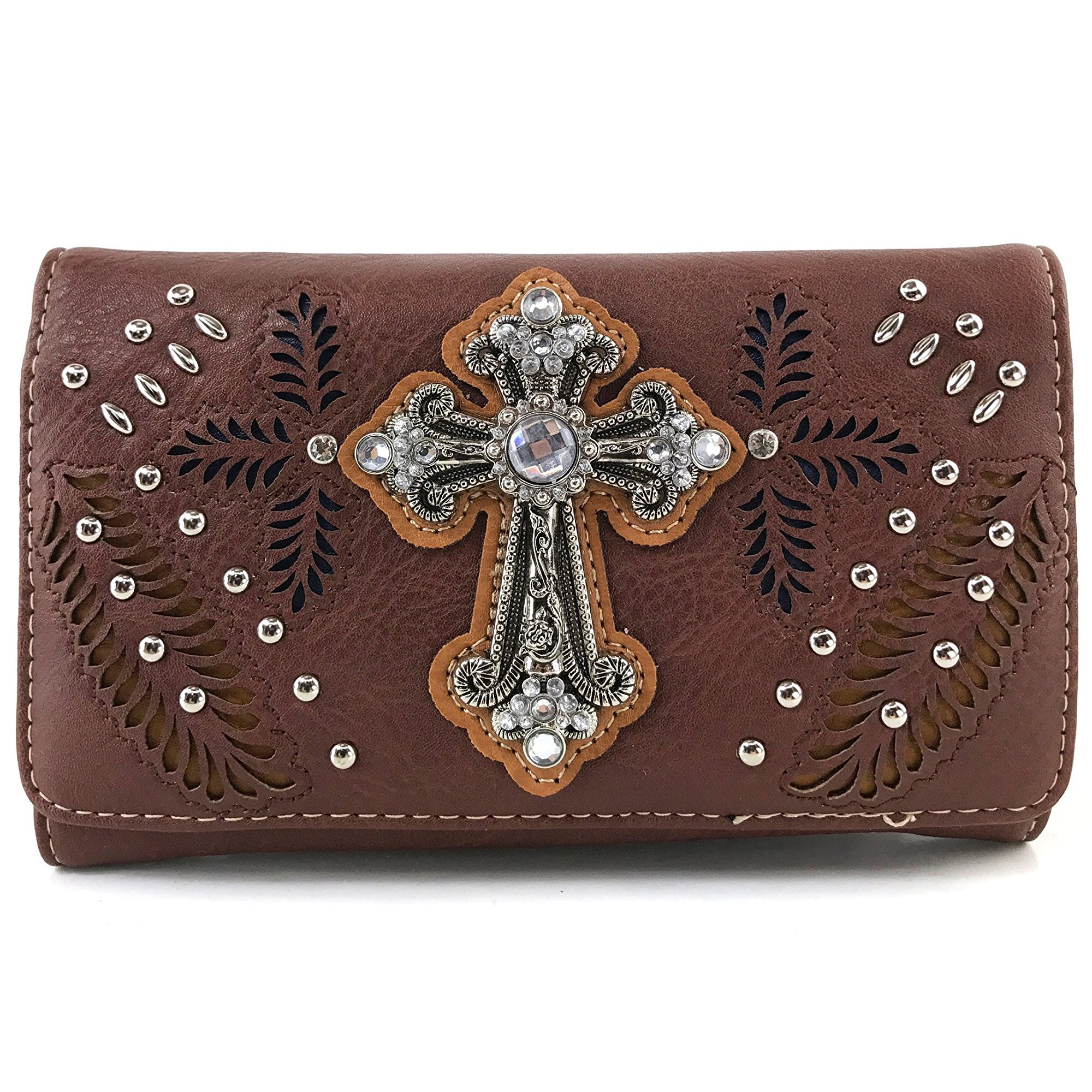 Justin West Laser Cut Rhinestone Cross Design Studded Tooled Wristlet Trifold Wallet Attachable Long Strap (Brown)