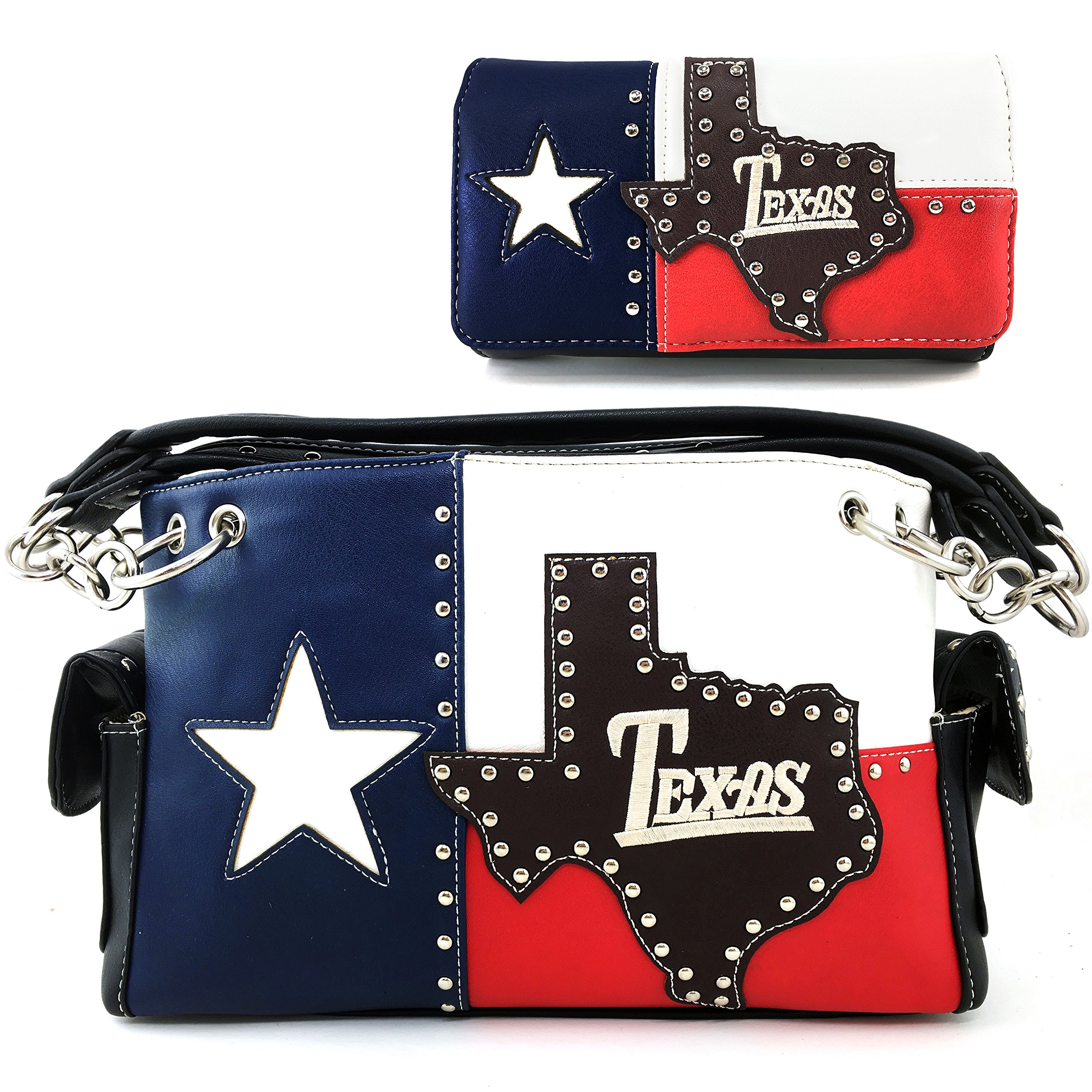 Justin West Texas Red White Blue Flag Patriotic Chain Shoulder Concealed Carry Handbag Purse Trifold Wallet (Purse with Wallet)