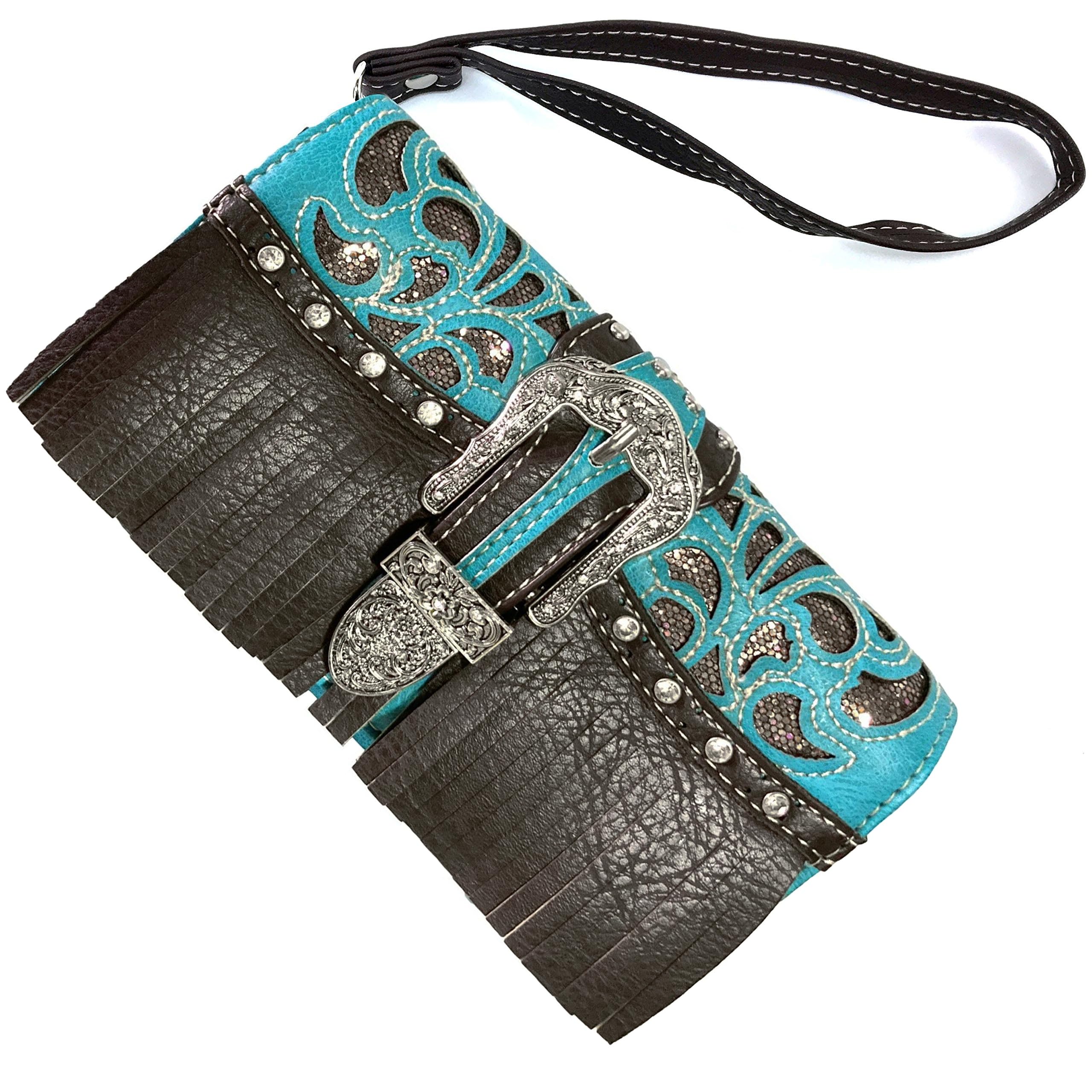 Justin West Western Rhinestone Concho Leather Fringe Gleaming Laser Cut Design Chain Shoulder Back Conceal Carry Handbag Purse (Turquoise Wallet)