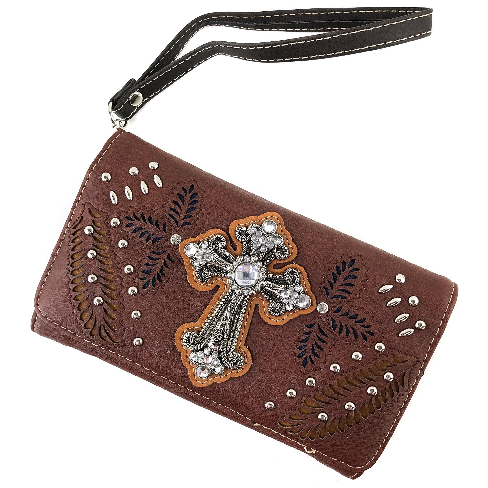 Justin West Laser Cut Rhinestone Cross Design Studded Tooled Wristlet Trifold Wallet Attachable Long Strap (Brown)