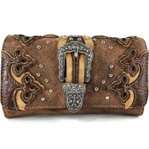 justin west laser cut rhinestone silver buckle studded cross shape design wristlet trifold wallet attachable long strap (brown)