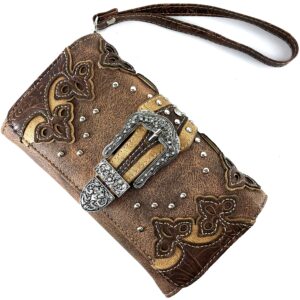 Justin West Laser Cut Rhinestone Silver Buckle Studded Cross Shape Design Wristlet Trifold Wallet Attachable Long Strap (Brown)