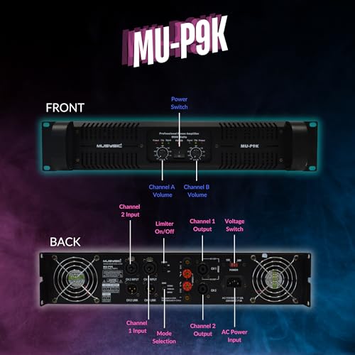 MUSYSIC Professional Power Amplifier 2 Channel – PA Power Peak Amplifier Output with ATR Technology – Banana Plug & Speakon Output XLR and TRS Input for DJs & Speakers - 9000 Watts