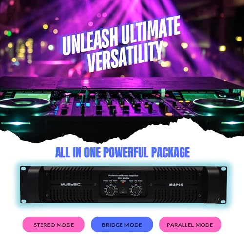 MUSYSIC Professional Power Amplifier 2 Channel – PA Power Peak Amplifier Output with ATR Technology – Banana Plug & Speakon Output XLR and TRS Input for DJs & Speakers - 9000 Watts