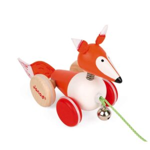 Janod Zigolos Pull Along Fox Early Learning and Motor Skills Toy with Wobbly Non-Skid Wheels and Bell Made of Beech and Cherry Wood for Ages 12 Months+