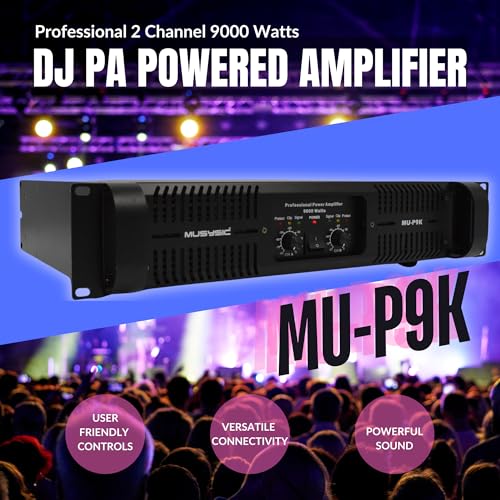 MUSYSIC Professional Power Amplifier 2 Channel – PA Power Peak Amplifier Output with ATR Technology – Banana Plug & Speakon Output XLR and TRS Input for DJs & Speakers - 9000 Watts