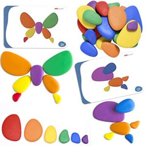 rainbow pebbles - set of 36 sorting and stacking stones with 20 activity cards - in home learning toy for early math