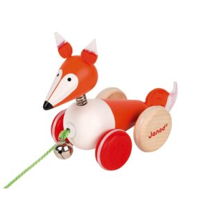 janod zigolos pull along fox early learning and motor skills toy with wobbly non-skid wheels and bell made of beech and cherry wood for ages 12 months+