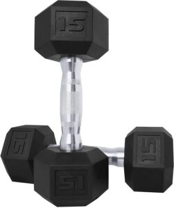 cap barbell set of 2 hex rubber dumbbell with metal handles, pair of 2 heavy dumbbells choose weight (5lb, 8lb, 10lb, 15lb, 20 lb, 25lb, 30lb, 35lb, 40lb, 50lb) (15lb x 2)