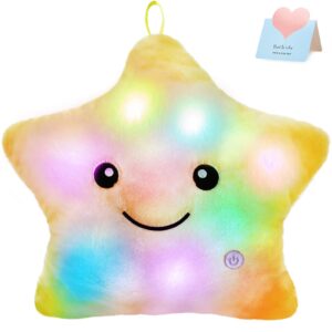 wewill 13'' creative twinkle star glowing led night light plush pillows stuffed animals toys birthday christmas holiday valentines gifts for toddlers girls(yellow)