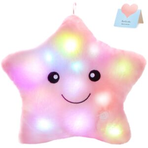 wewill 13'' creative twinkle star glowing led night light plush pillows stuffed animals toys birthday christmas holiday valentines gifts for toddlers girls(pink)