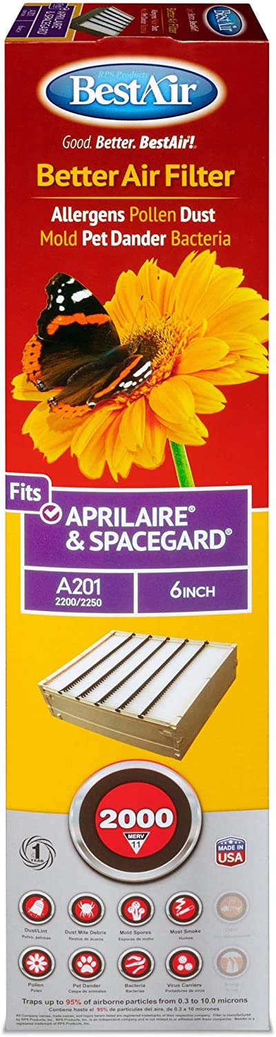 BestAir A201-SGM-11R AC Furnace Air Filter, 20" x 25" x 6", MERV 11, Without Cardboard Frame, Fits 100%, for Aprilaire/SpaceGard 2200, 2250 (201) & Lennox PMAC-20C 24" (Pack of 6)