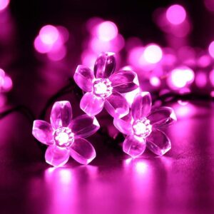 wonfast solar flower lights,waterproof 23ft/7m 50led peach blossom flower solar fairy decorative string lights for outdoor gardens homes wedding christmas party lighting decorations (pink)