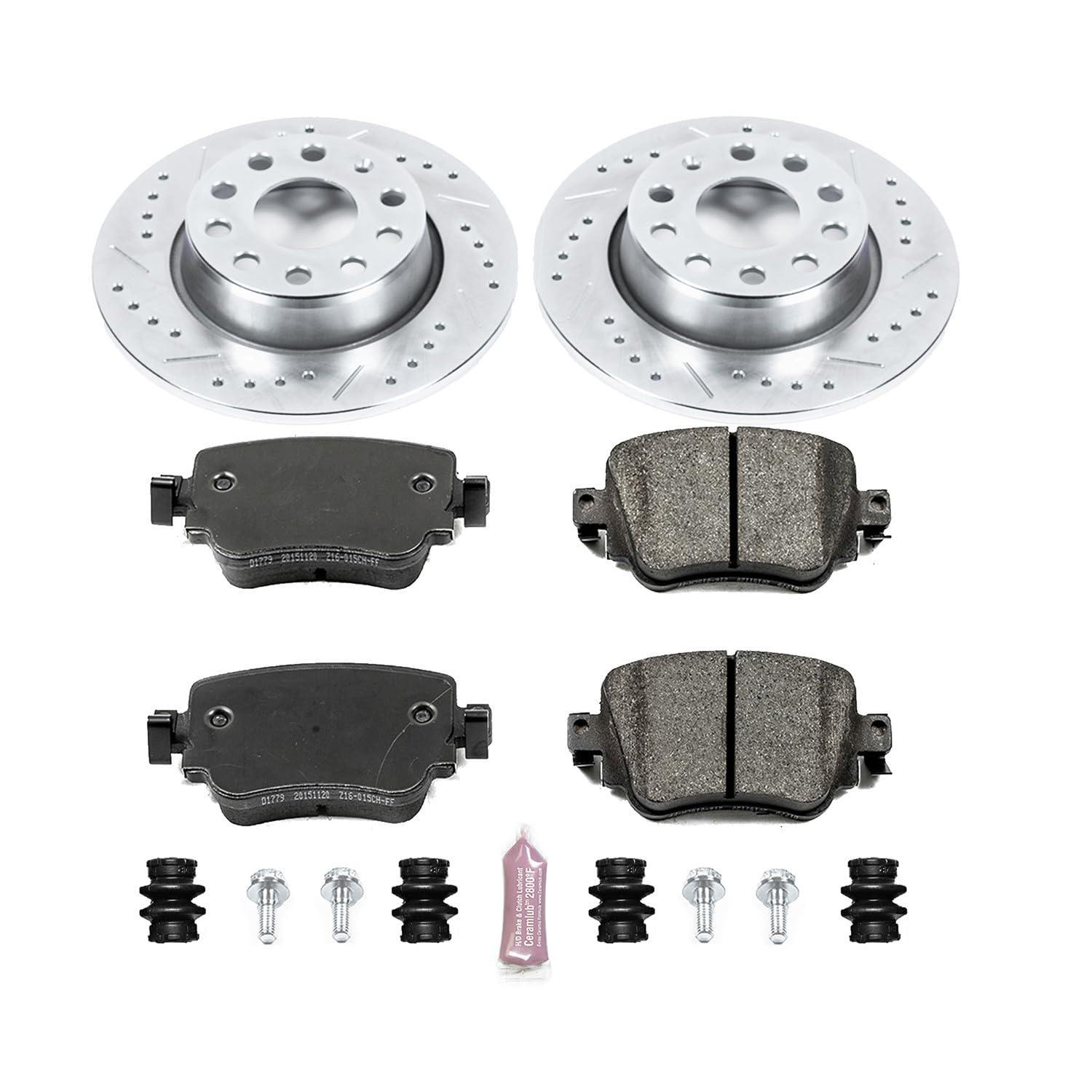 Power Stop K7053 Rear Z23 Carbon Fiber Brake Pads with Drilled & Slotted Brake Rotors Kit For VW GTI, VW Golf, VW Golf Alltrack, VW Golf SportWagen, VW Passat [Model Specific]