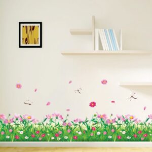 amaom® removable beautiful nursery pink butterfly flowers baseboard wall decals murals home art decor peel stick wall stickers for wall corner kids room bedroom living room decorations