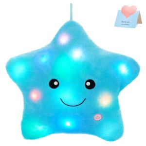 wewill 13'' creative twinkle star light up night led plush pillows stuffed animal toys birthday valentines for toddlers girls(blue)