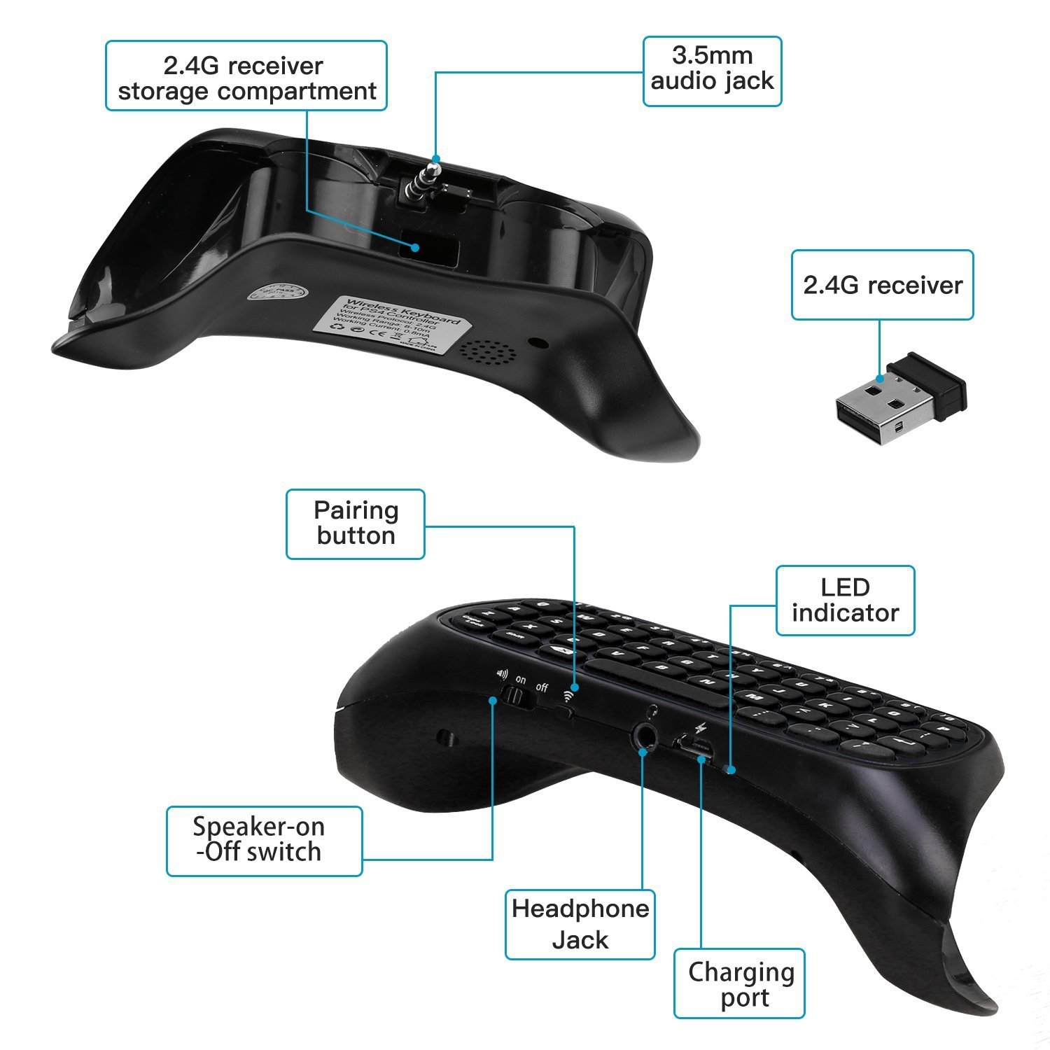 PS4 Controller Keyboard, 2.4G Wireless Rechargeable Online Gaming Live Chat Message Chatpad Keypad with 3.5mm Audio Aux-in Headset for Sony PlayStation 4, PS4 Slim, PS4 Pro (Controller Not Included)