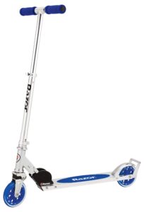 razor a3 kick scooter for kids ages 5+ - foldable, lightweight, large wheels, front vibration reducing system, adjustable handlebars, for riders up to 143 lbs, blue