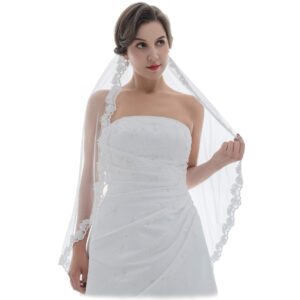 SAMKY 1T 1 Tier Floral Scallop Embroided Lace Pearl Veil - Light Ivory Fingertip Length 36" V471