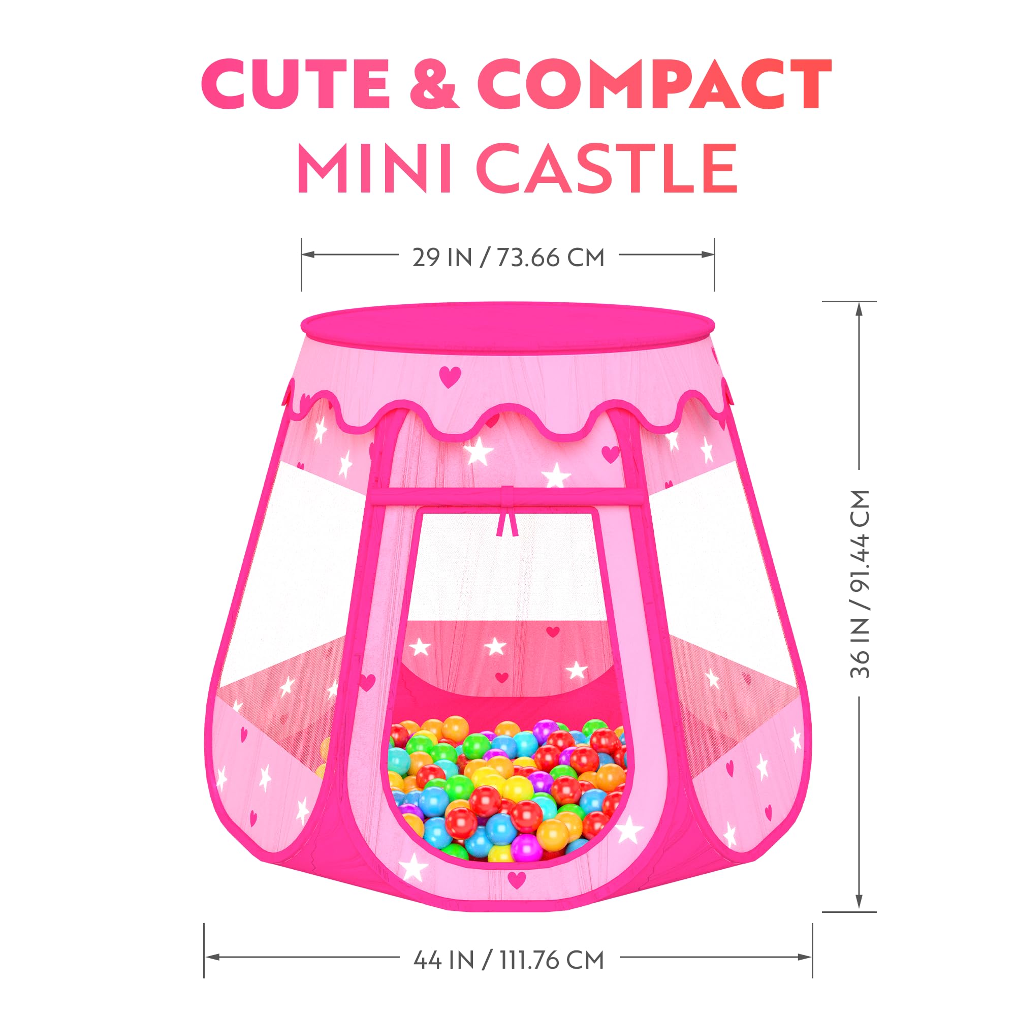 Playz Ball Pit Princess Castle Play Tent for Girls w/ 50 Balls Included - Pop Up Children Play Tent for Indoor & Outdoor Use - Playland Playhouse Tent w/ & Glow in The Dark Stars & Zipper Storage Case