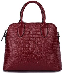 qzunique women's cowhide genuine leather crocodile veined cross body shoulder handle amphibious shell bag wine red