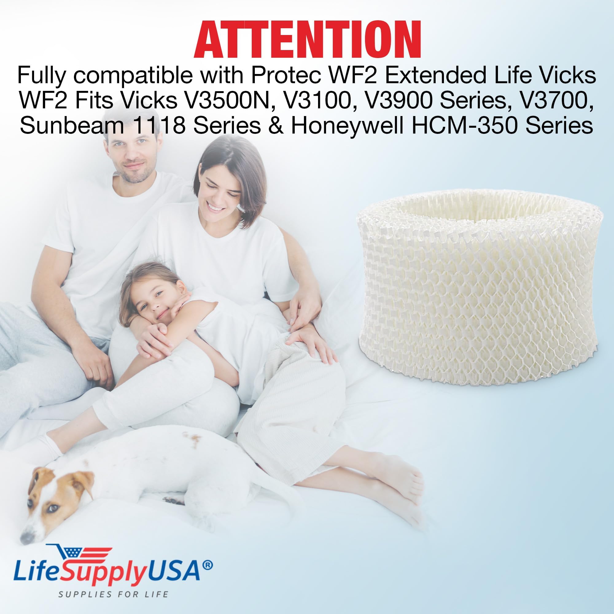 LifeSupplyUSA Humidifier Filter Compatible with Protec WF2 Extended Life Vicks WF2; Fits Vicks V3500N, V3100, V3900 Series, V3700, Sunbeam 1118 Series & Honeywell HCM-350 Series;