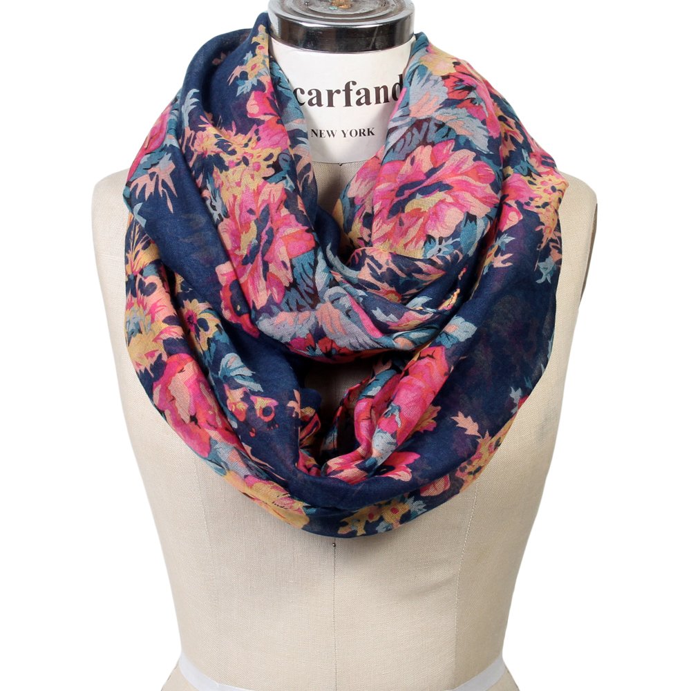 Scarfand's Romantic Rose Prints & Floral Patterns Lightweight Infinity Fashion Scarves Wraps (Bouquet Rose Navy)