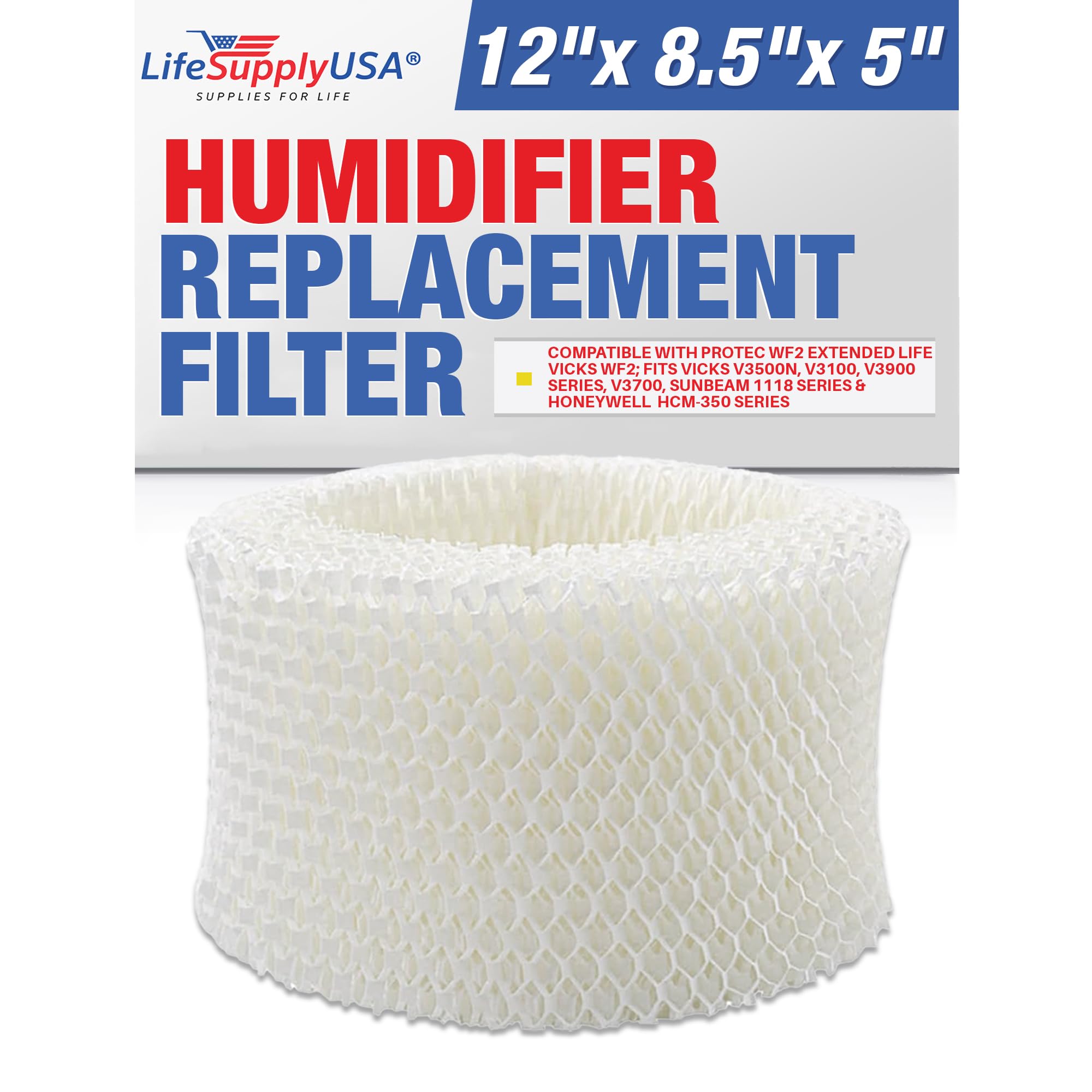 LifeSupplyUSA Humidifier Filter Compatible with Protec WF2 Extended Life Vicks WF2; Fits Vicks V3500N, V3100, V3900 Series, V3700, Sunbeam 1118 Series & Honeywell HCM-350 Series;